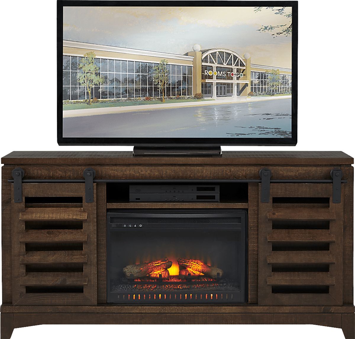 Canoe Creek II Tobacco Dark Wood 65 in. Console With Electric Fireplace ...