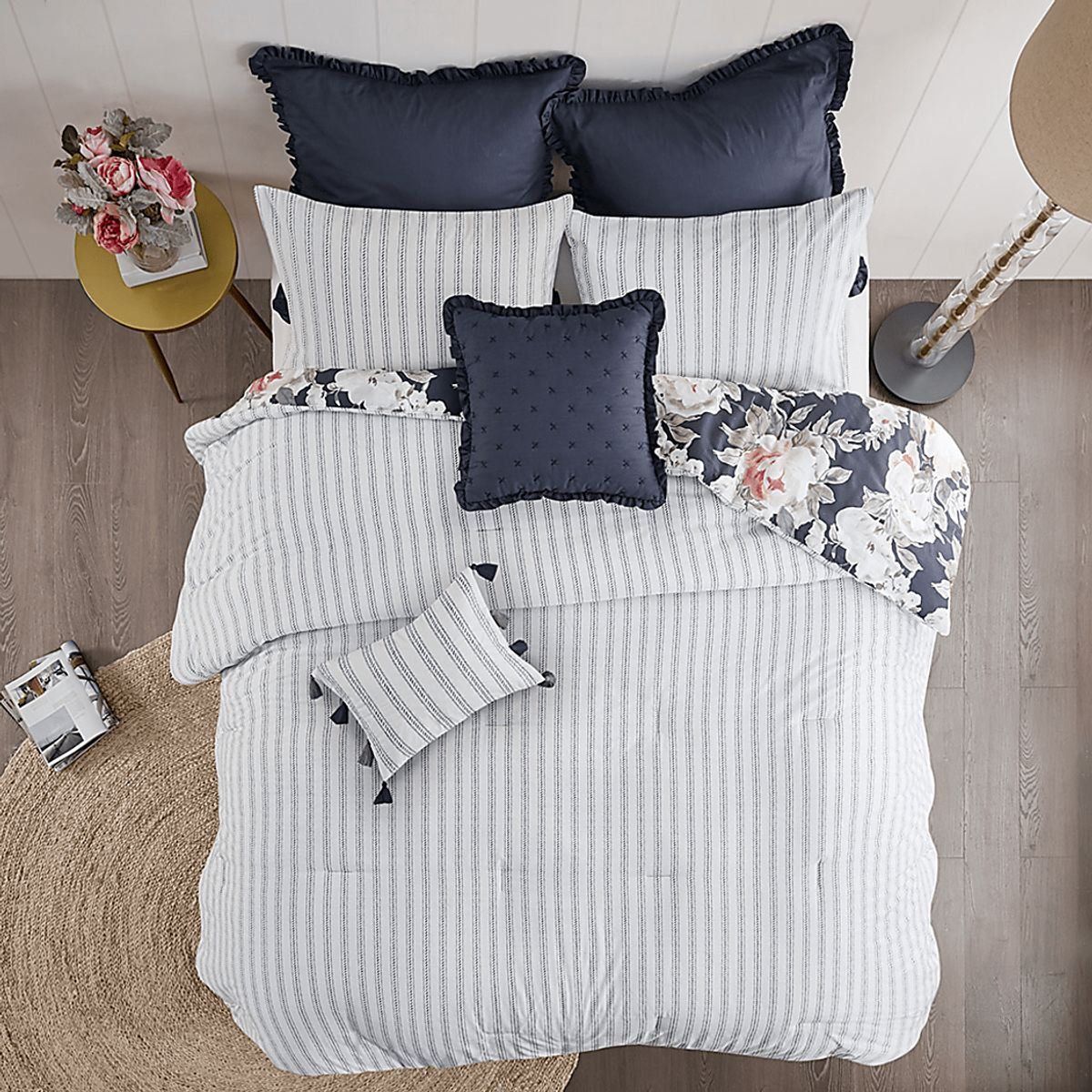 Carondelet Dark Blue Microfiber,Polyester 8 Pc Queen Comforter Set ...