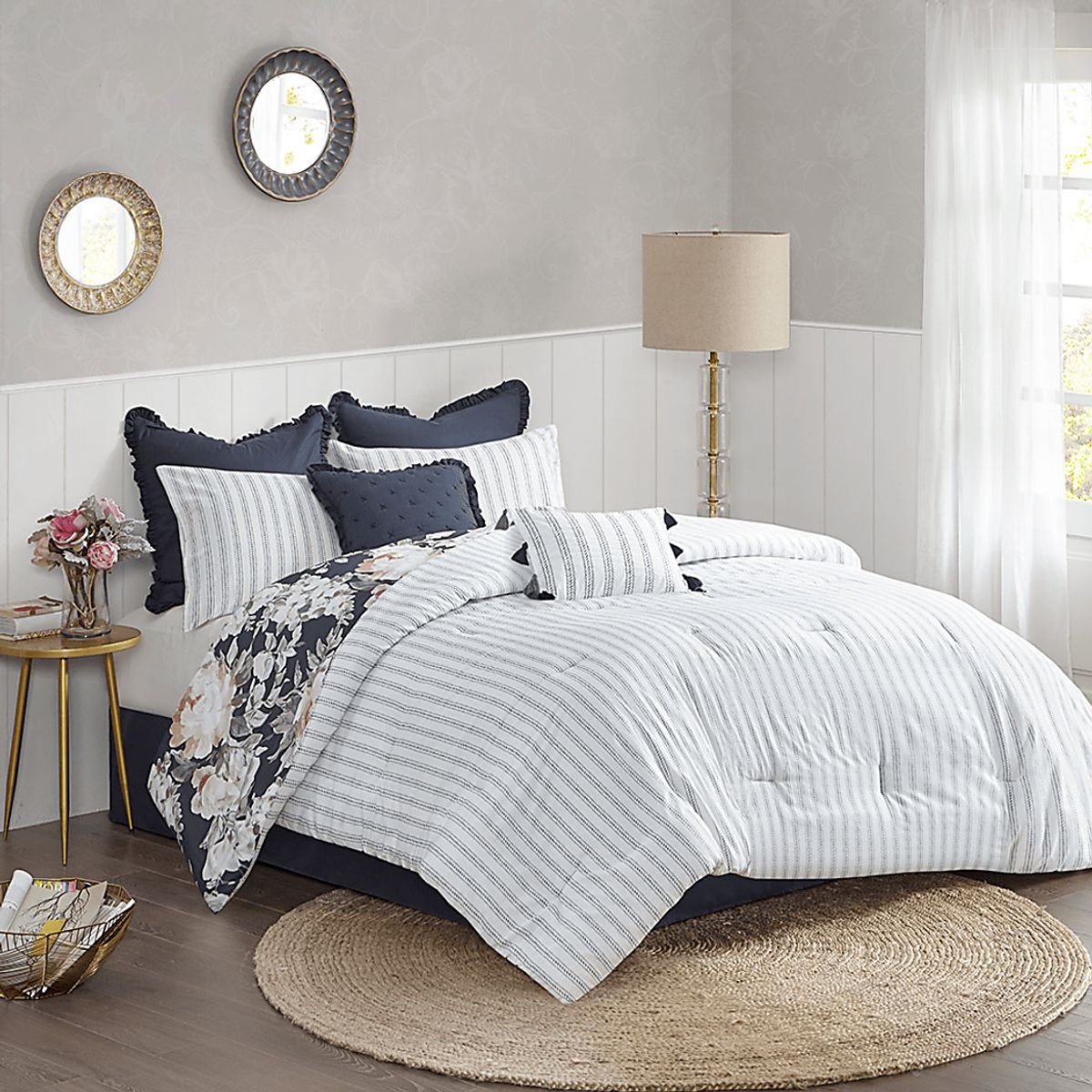 Carondelet Dark Blue Microfiber,Polyester 8 Pc Queen Comforter Set ...