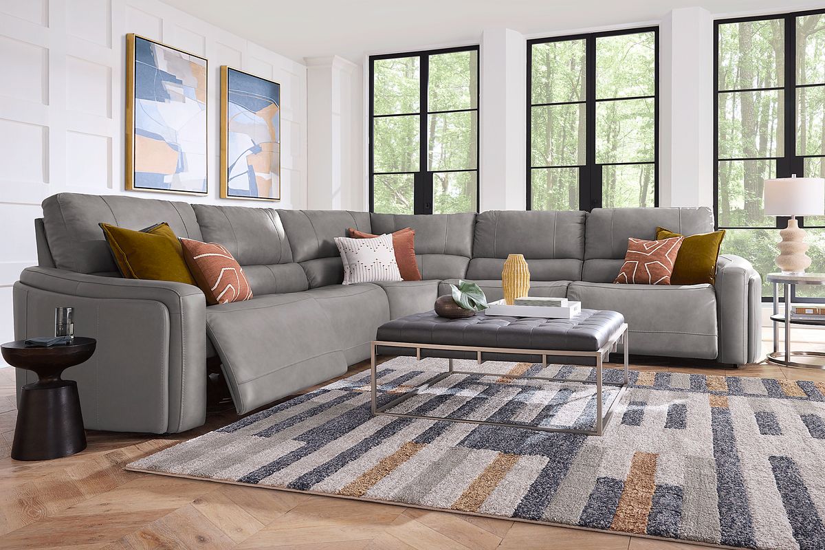 Shaquille O'Neal Home Cascade Way Gray Leather 5 Pc Dual Power ...