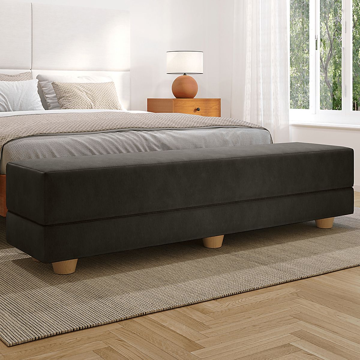 Casila Charcoal Black,Gray Polyester Fabric Twin Bed Bench | Rooms to Go