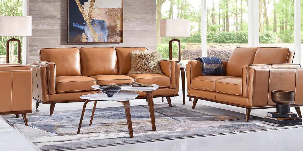 Cassina Court 5 Pc Caramel Brown Leather Living Room Set - Rooms To Go