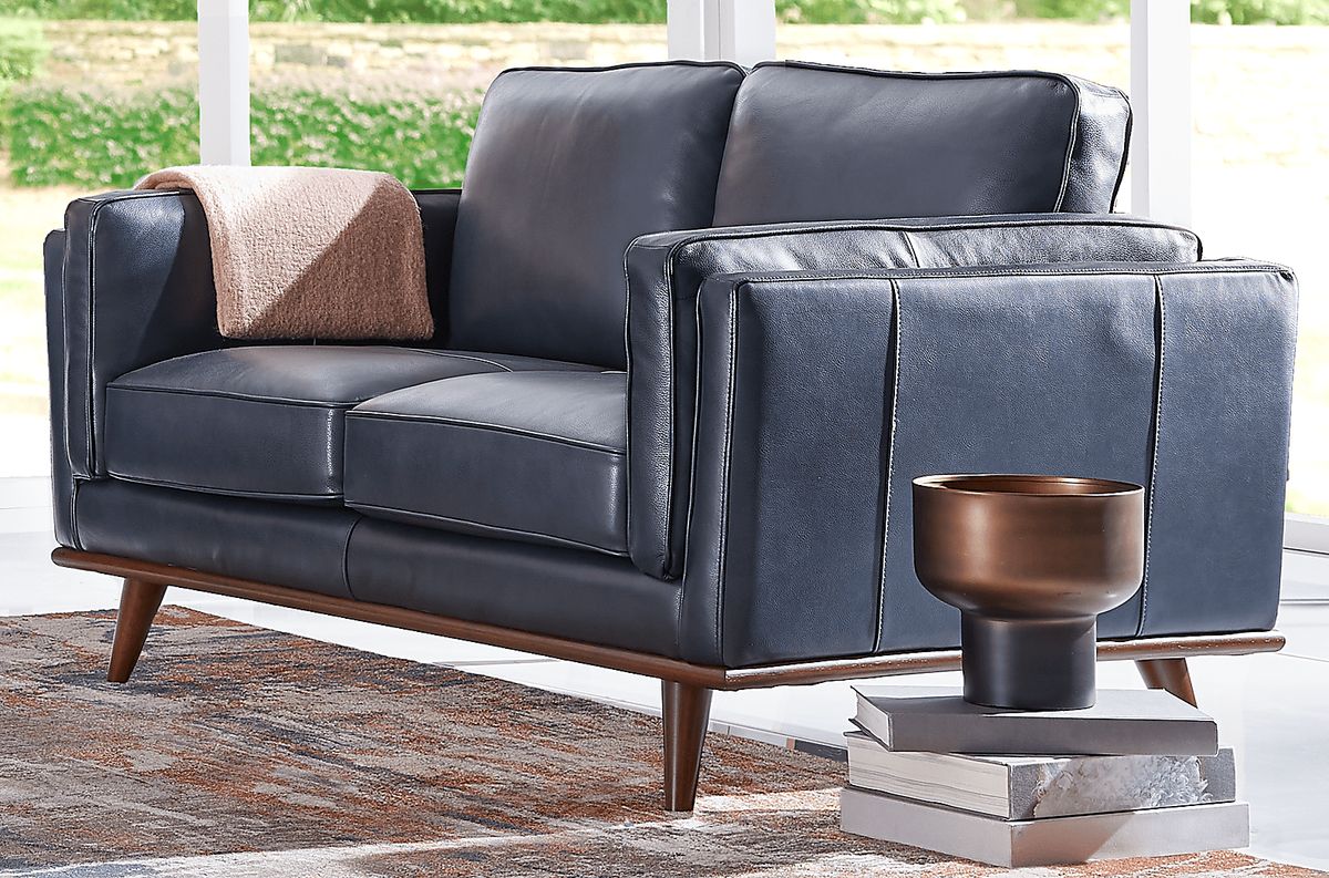 Cassina Way 2 Pc Navy Blue Leather Living Room Set With Sofa, Loveseat ...