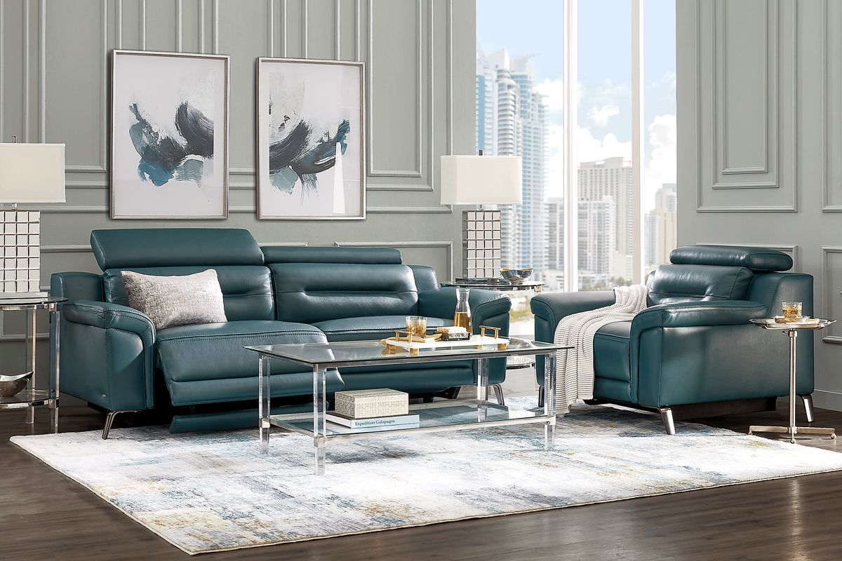 Castella 5 Pc Teal Blue,Green Leather Dual Power Reclining Living Room ...