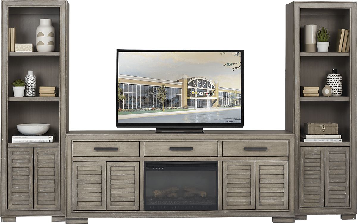 Cates Ridge Light Gray 3 Pc Wall Unit With Log Fireplace | Rooms to Go