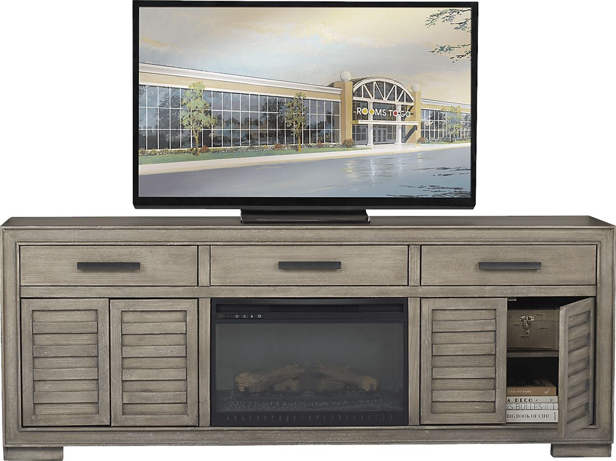 Cates Ridge Light Gray 81 in. Console With Log Fireplace | Rooms to Go