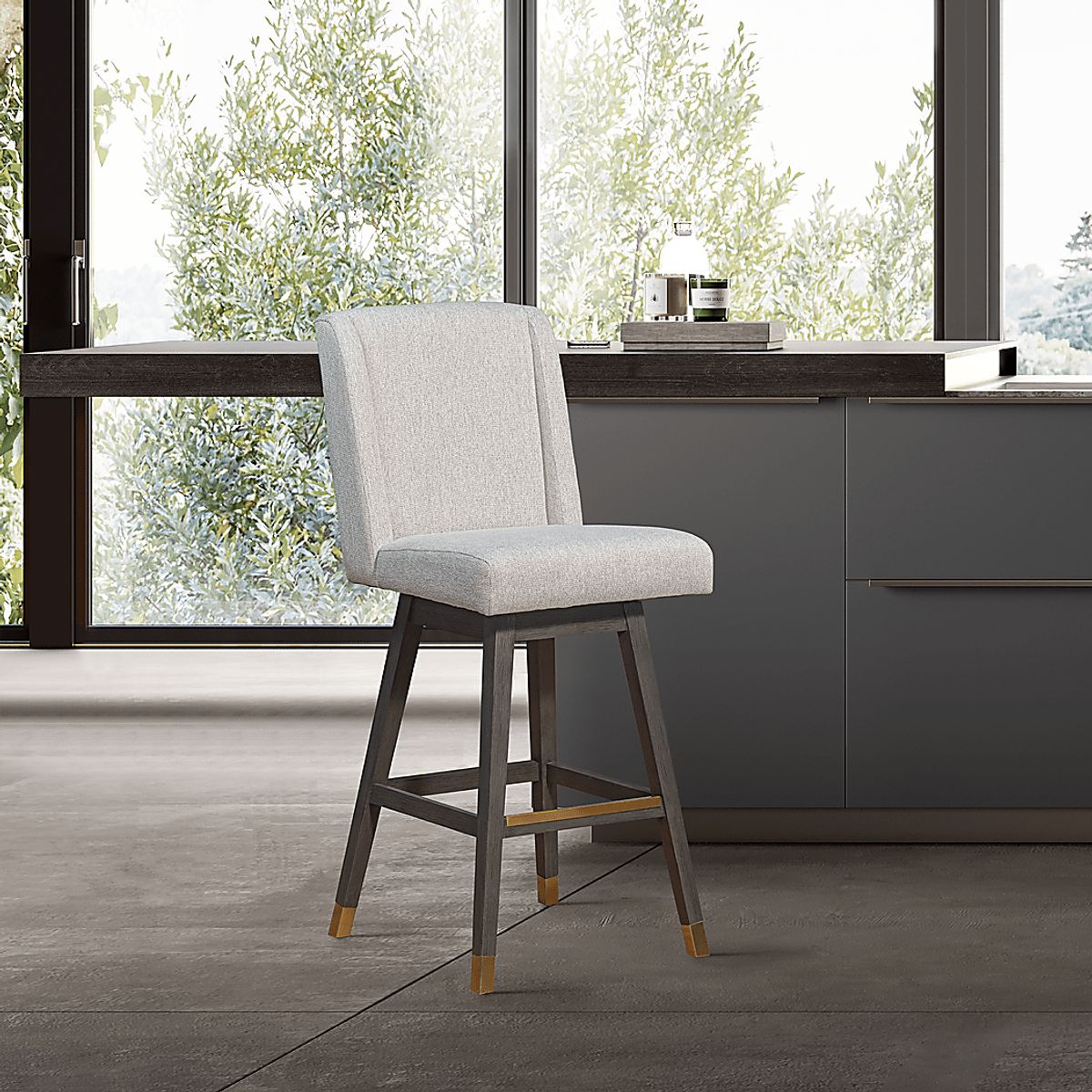 Cauthorn Brown Dark Wood Beige Polyester Fabric Swivel Barstool | Rooms ...