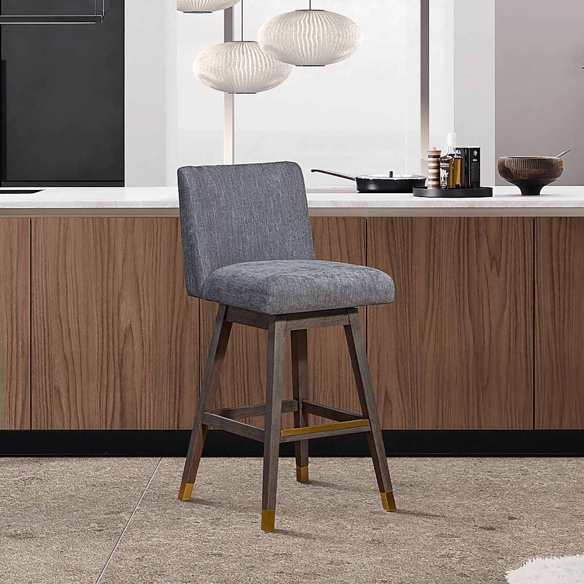 Cauthorn Brown Dark Wood Gray Polyester Fabric Swivel Barstool | Rooms ...