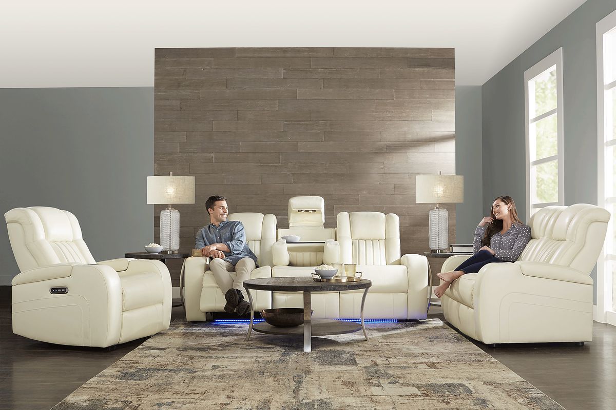 Cenova 2 Pc Ivory Beige Leather Living Room Set With Power Reclining ...