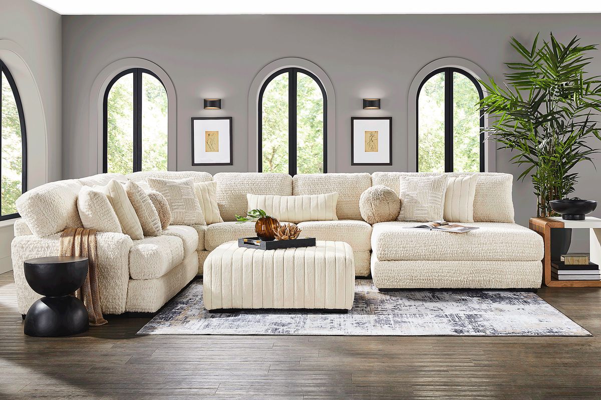Chandler Ivory Beige Chenille Fabric 3 Pc Right Chaise Sectional ...