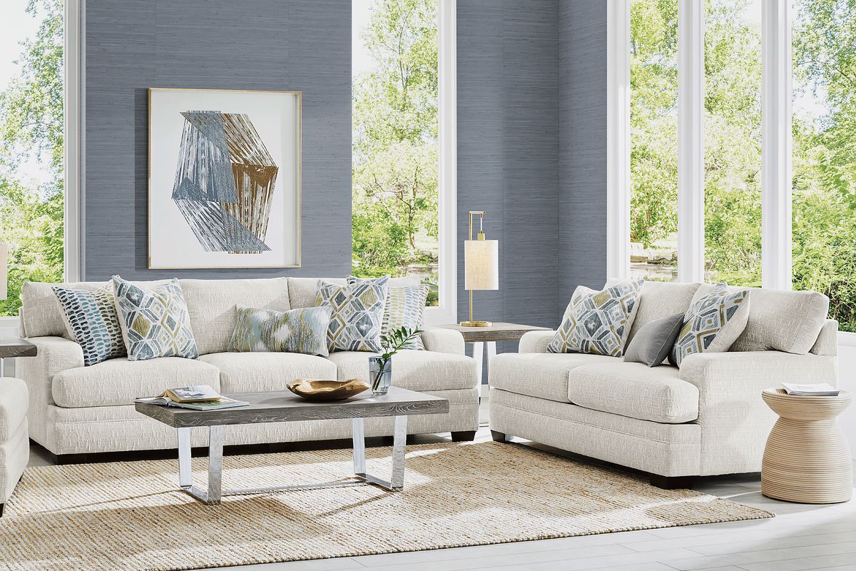 Charlton Park 7 Pc Ivory Beige Chenille Fabric Sleeper Living Room Set ...