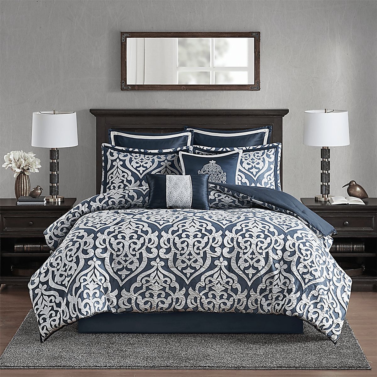 Cherbourg Navy Blue Polyester Fabric 8 Pc King Comforter Set | Rooms to Go