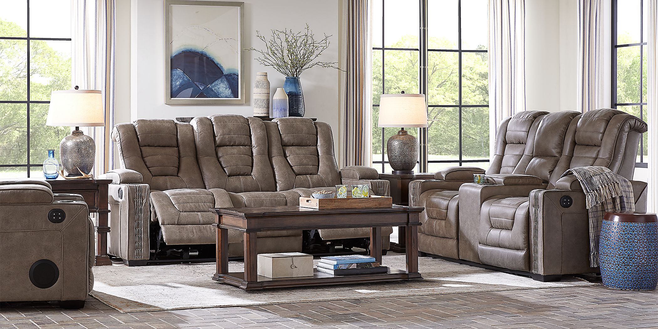Chief 8 Pc Taupe Beige Polyester Fabric Dual Power Reclining Living ...