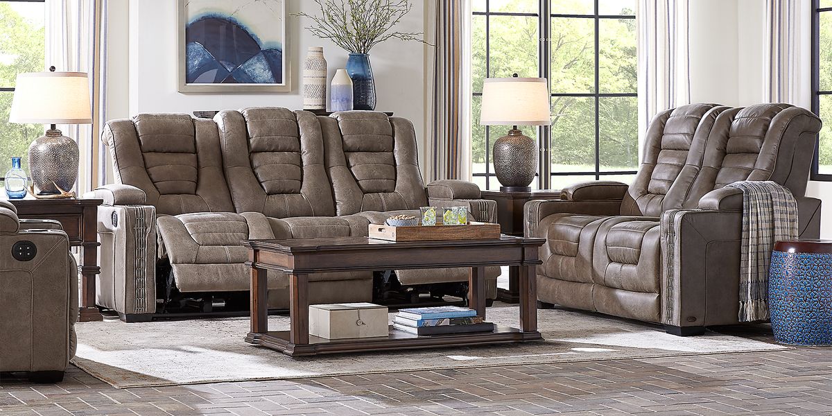 Chief 8 Pc Taupe Beige Polyester Fabric Dual Power Reclining Living ...
