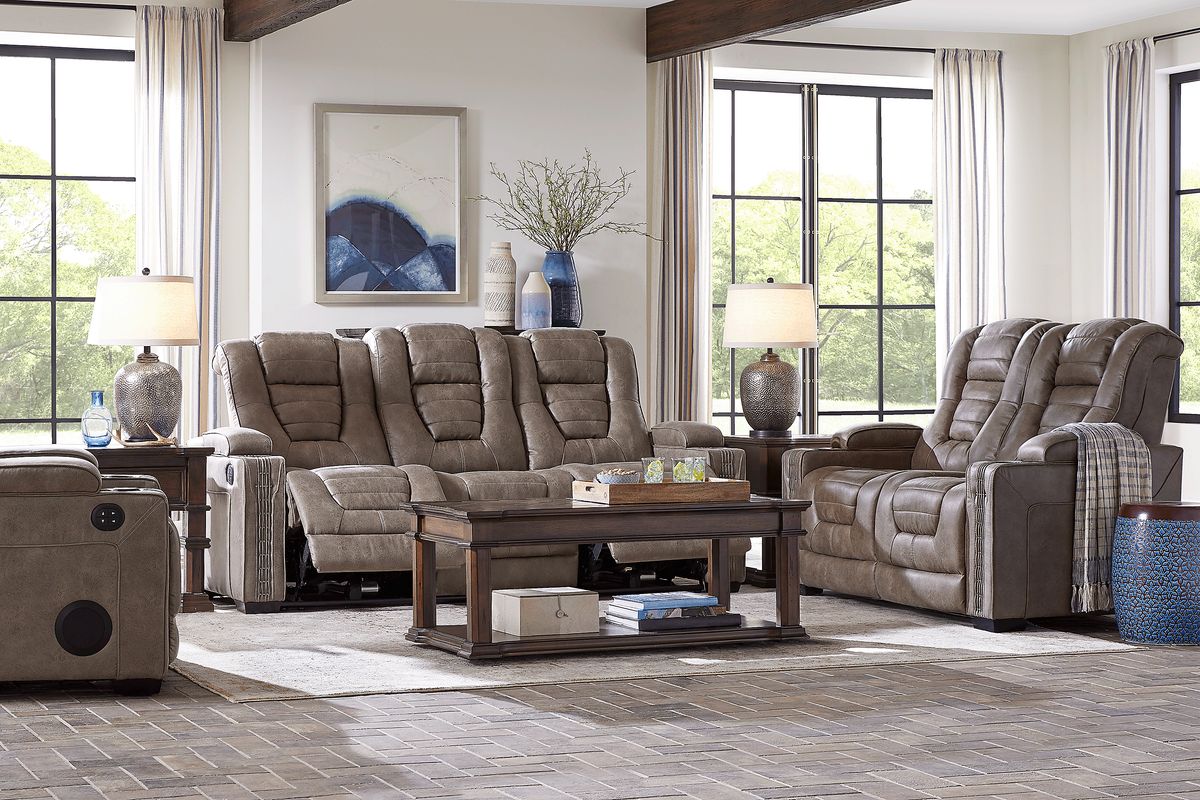 Chief 8 Pc Taupe Beige Polyester Fabric Dual Power Reclining Living ...