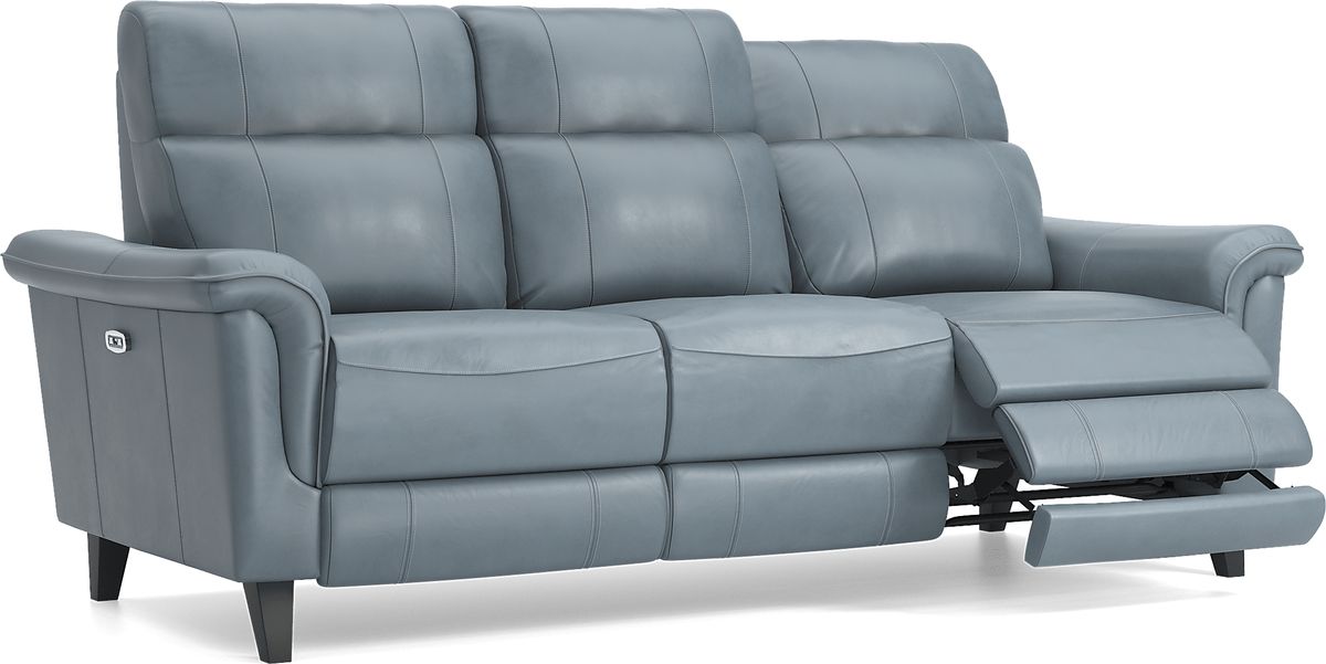 Cindy Crawford Avezzano Blue Leather Dual Power Reclining Sofa Rooms to Go