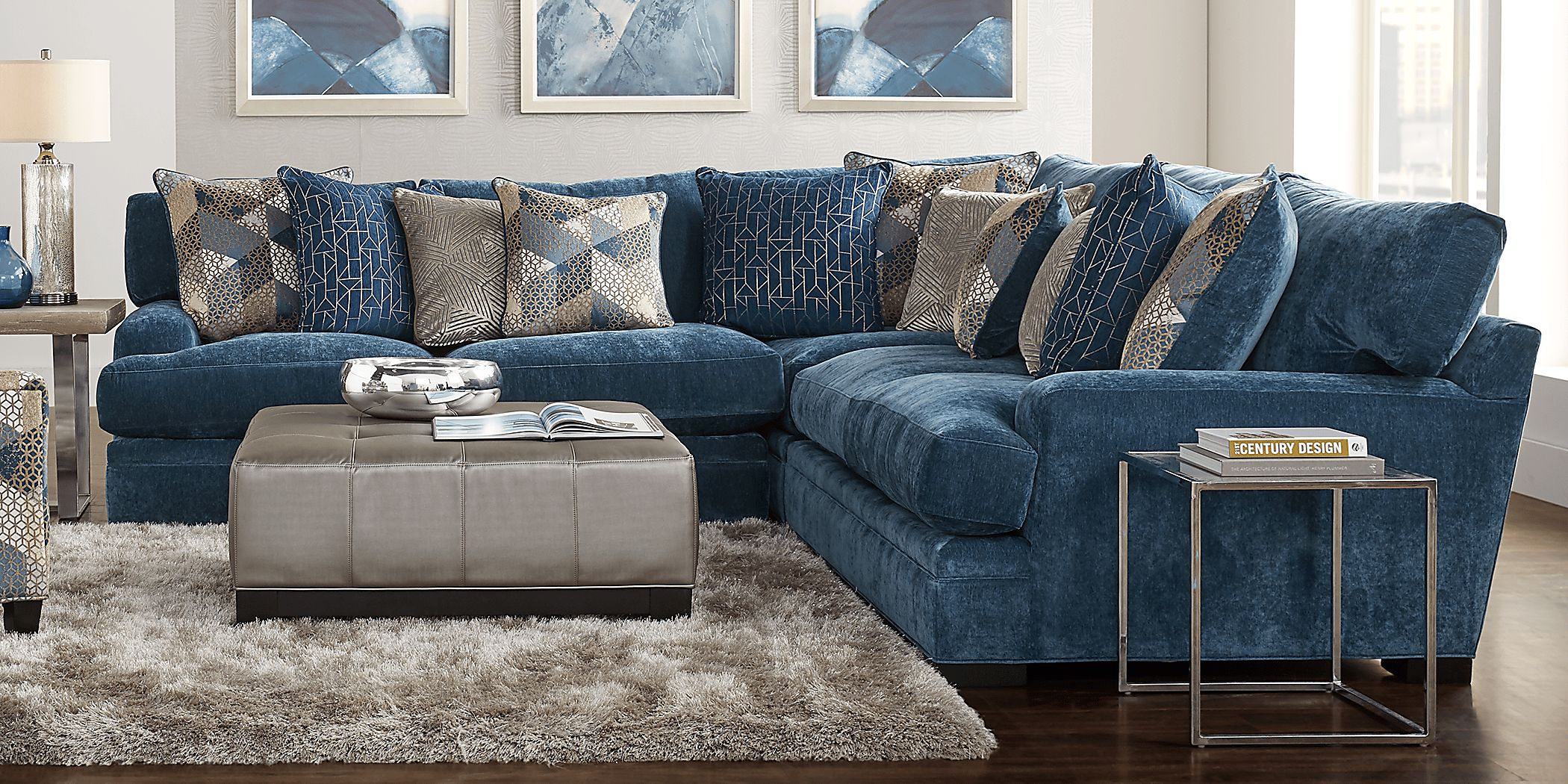 Cindy Crawford Beverlywood 4 Pc Navy Blue Plush Living Room Set With 3 Pc Sectional Cocktail Ottoman Rooms to Go