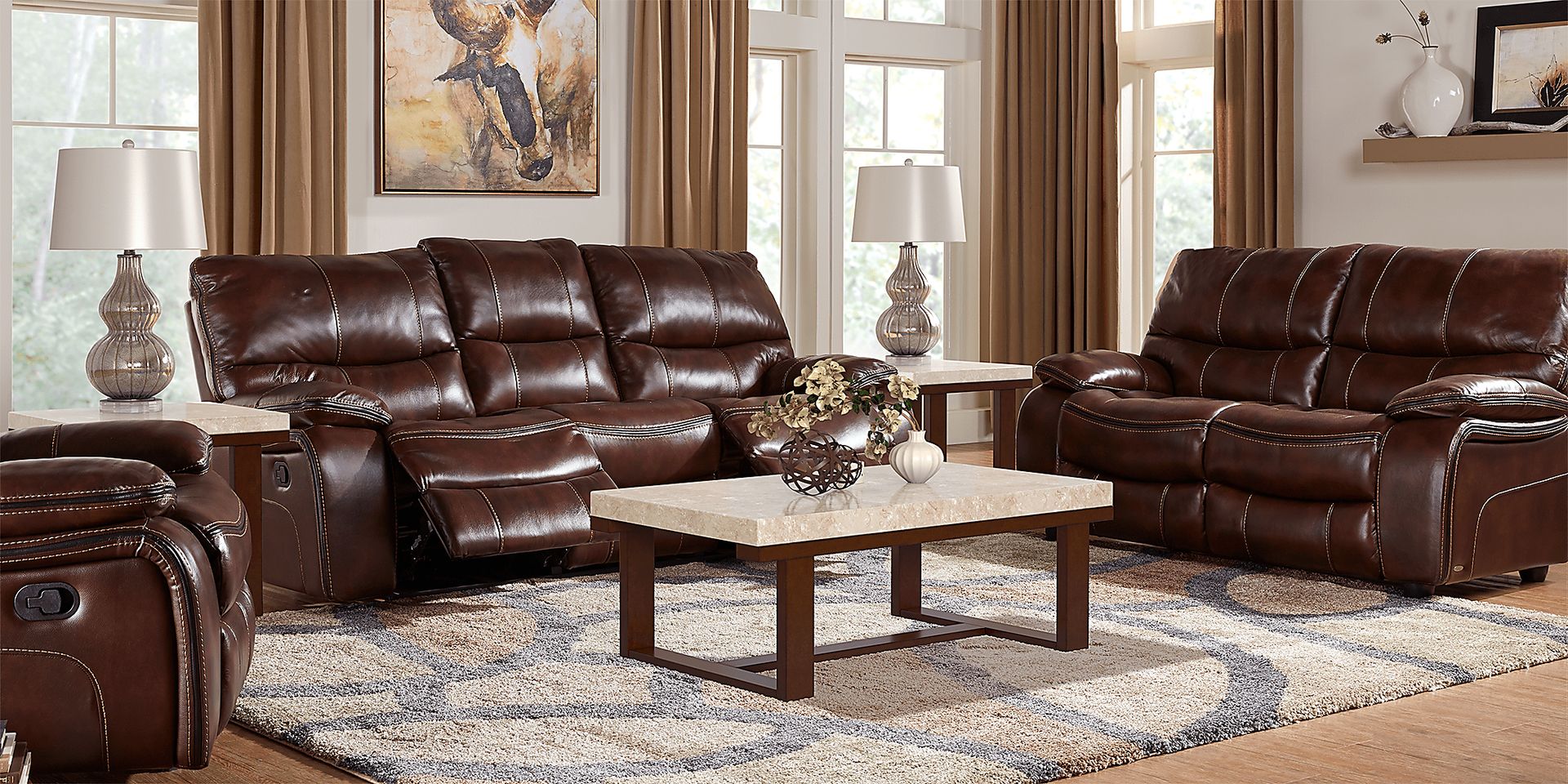 Cindy Crawford Gianna 5 Pc Brown Leather Manual Reclining Classic Living Room