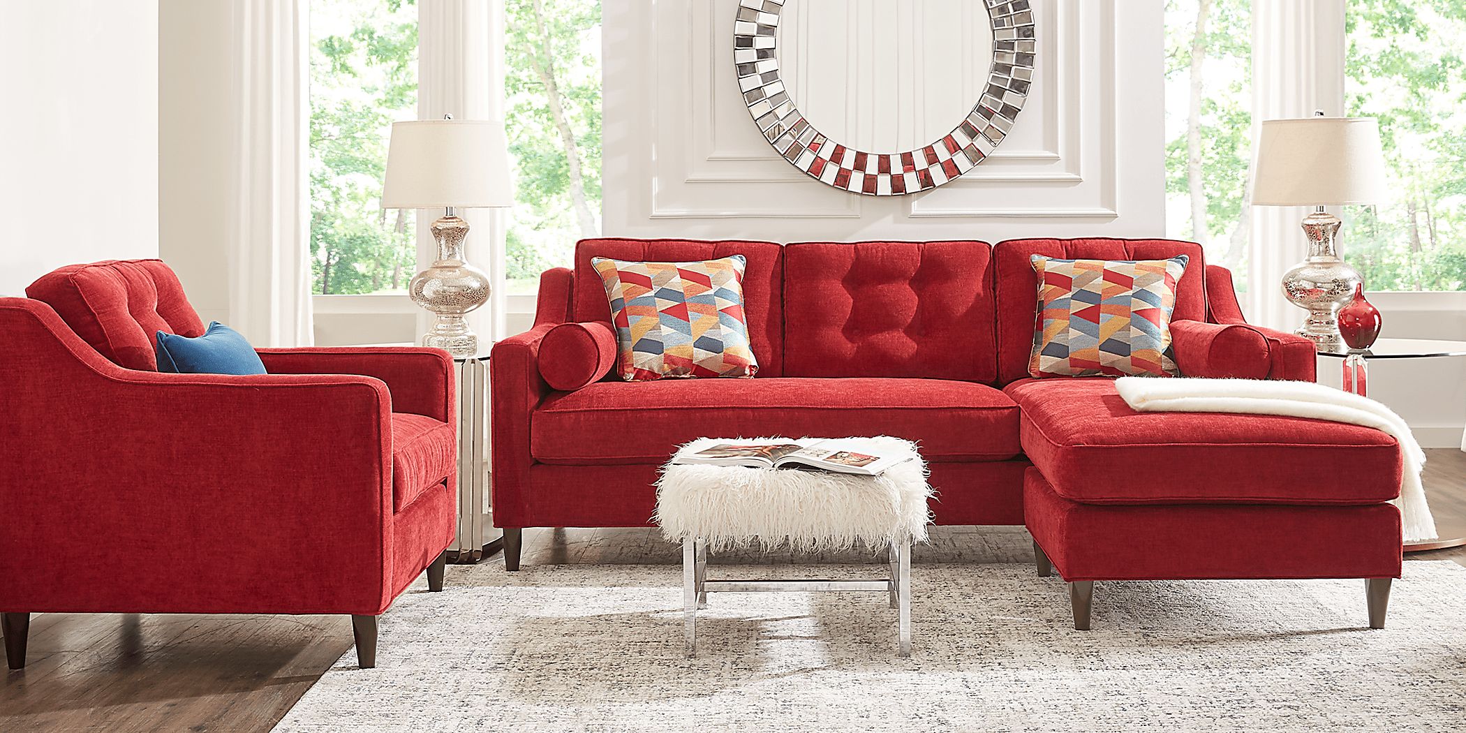 Cindy Crawford Hanover Ruby Red Chenille Fabric Premium Sleeper Chaise ...
