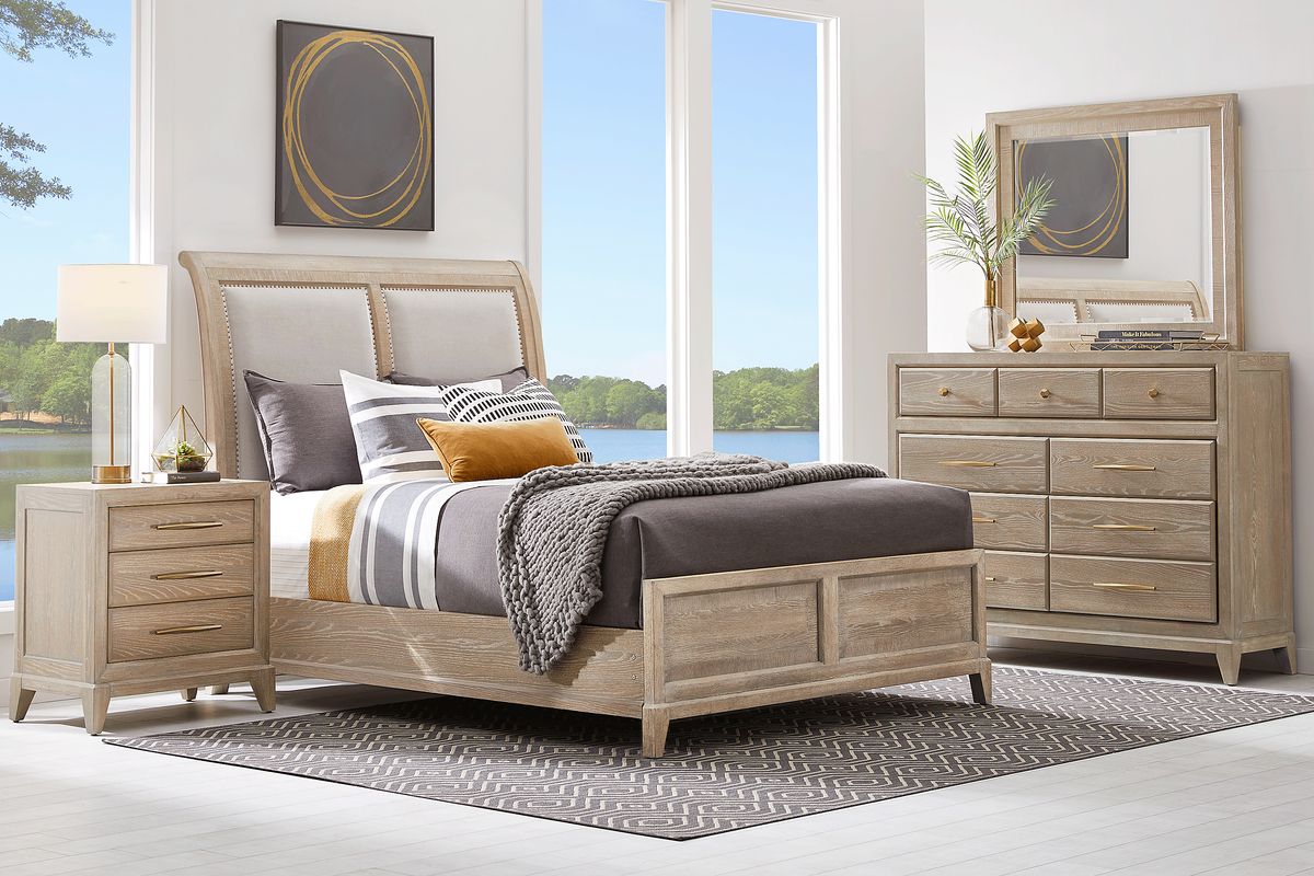 Cindy Crawford Kailey Park Light Oak Wood 3 Pc Queen Sleigh Bed | Rooms ...