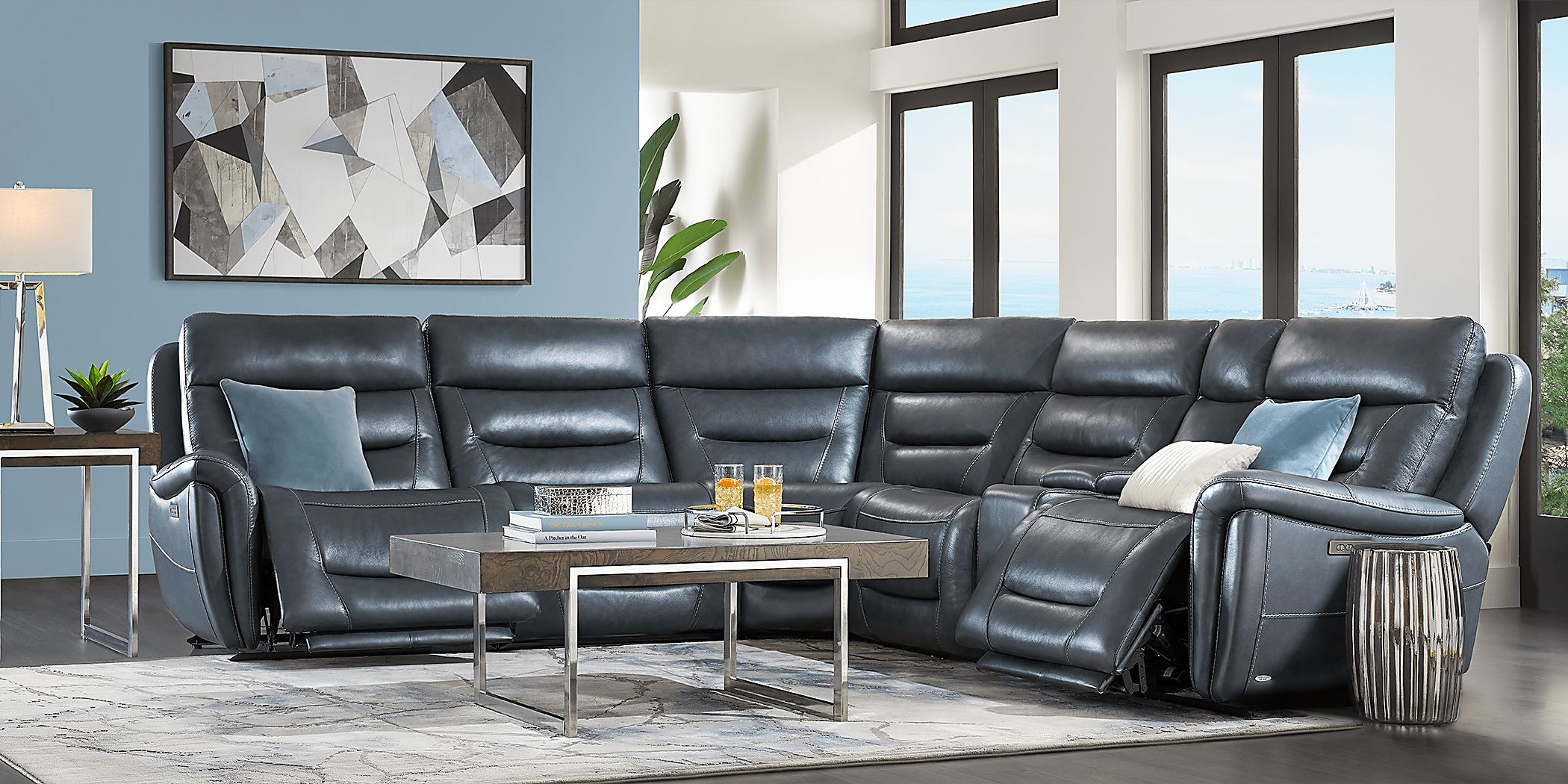 Cindy Crawford Regis Park Midnight Blue Leather 6 Pc Dual Power Reclining Sectional | Rooms to Go