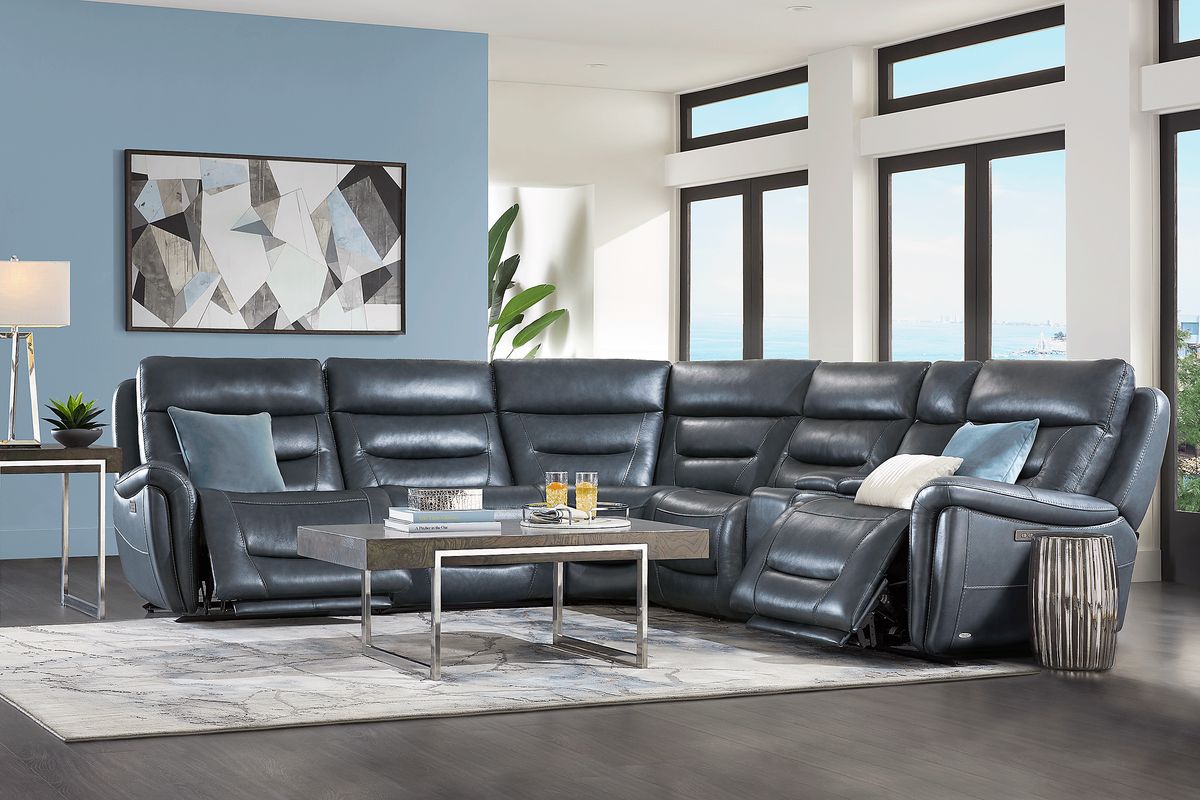 Cindy Crawford Regis Park 9 Pc Midnight Blue Leather Dual Power Reclining Sectional Living Room ...