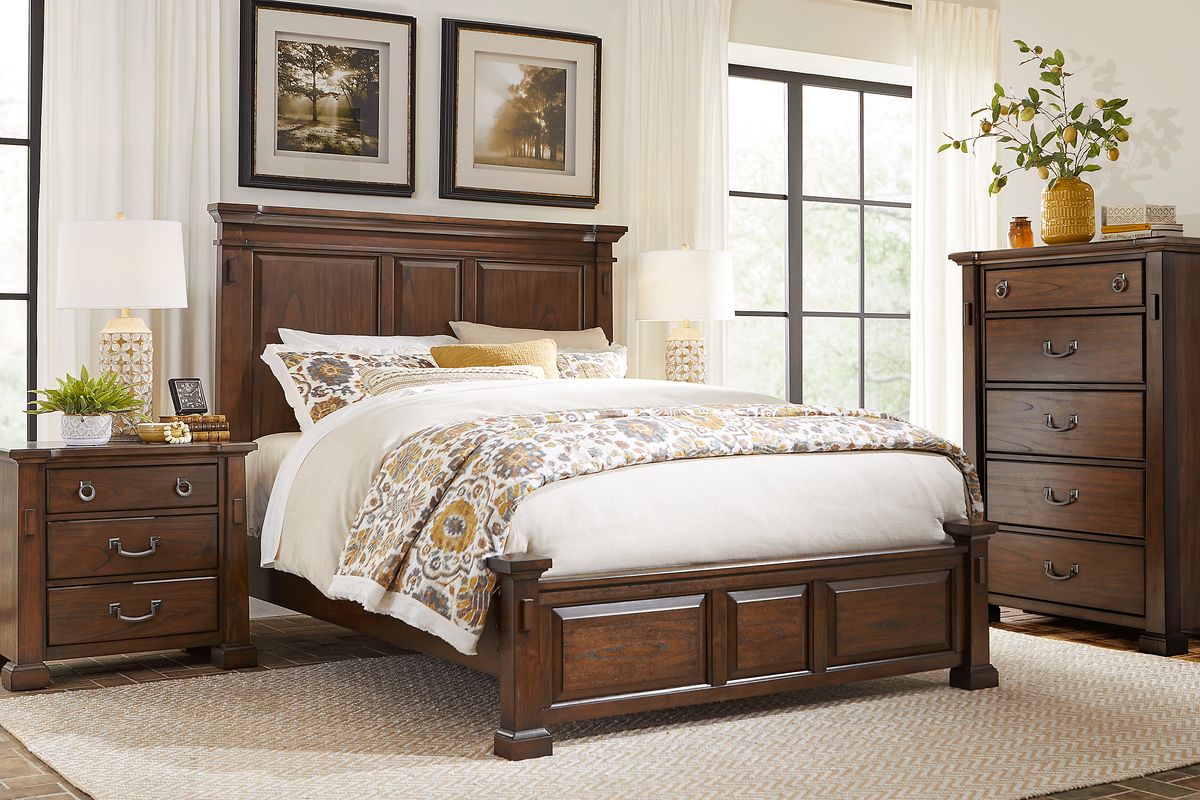 Clairfield 5 Pc Tobacco Dark Wood Queen Bedroom Set With 3 Pc Queen Bed ...