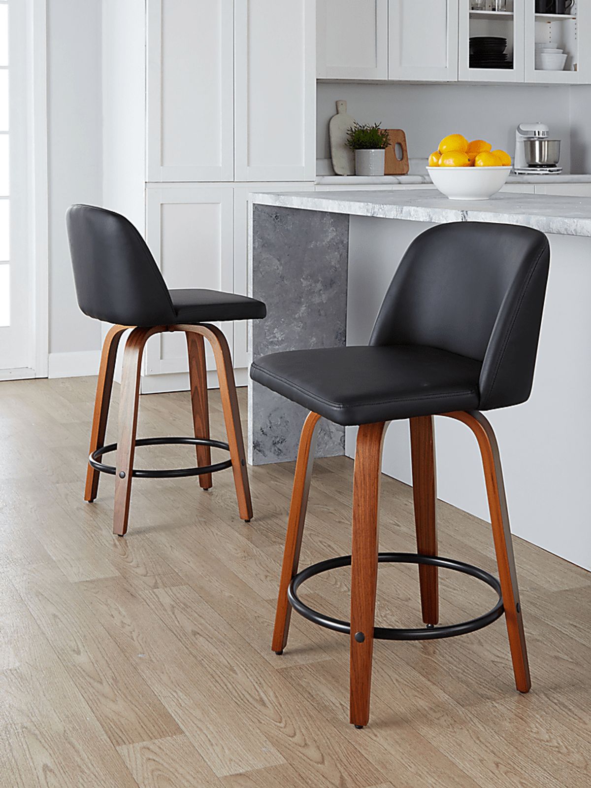 Clyo VII Walnut Dark Wood Black Polyurethane Fabric Swivel Barstool | Rooms to Go
