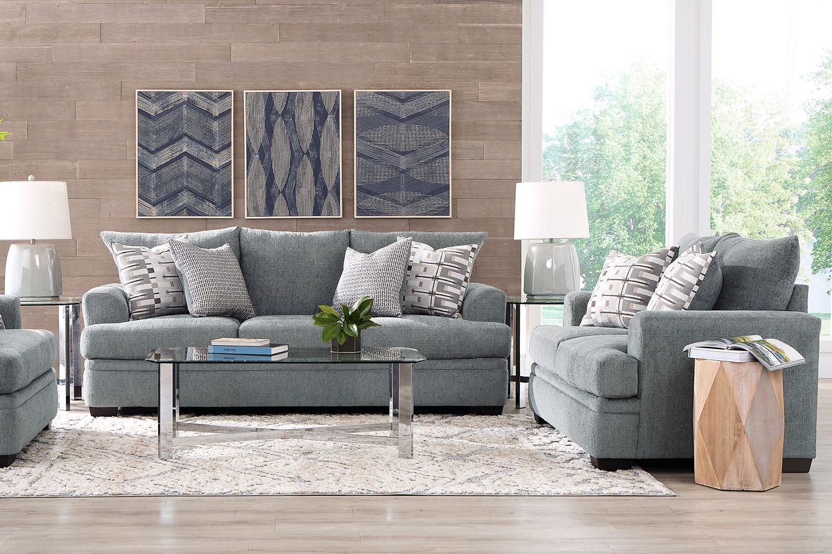 Cooper 7 Pc Blue Chenille Fabric Sleeper Living Room Set With Loveseat ...