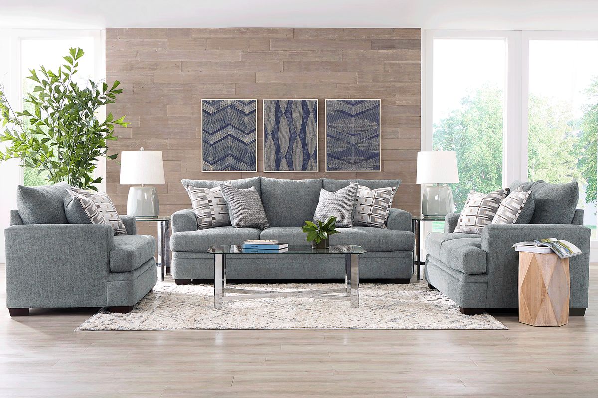 Cooper 8 Pc Blue Chenille Fabric Living Room Set With Sofa, Loveseat ...