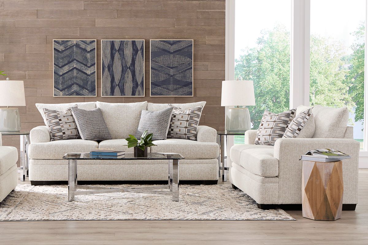 Cooper 7 Pc White Chenille Fabric Sleeper Living Room Set With Loveseat ...
