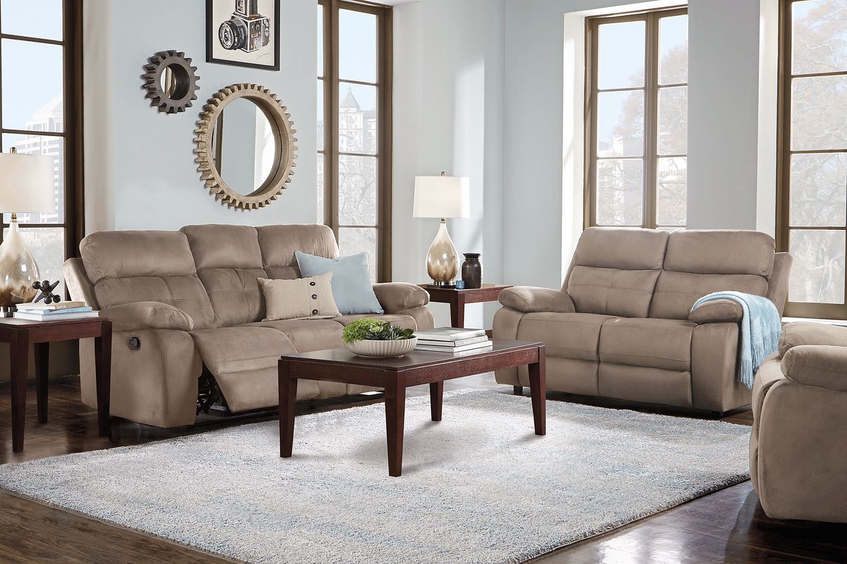 Corinne 5 Pc Stone Beige Microfiber Living Room Set With Reclining Sofa ...