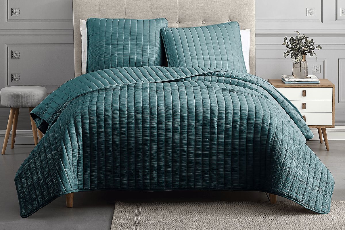 Corvair Teal Blue,Green Polyester Fabric 3 Pc Queen Coverlet Set ...