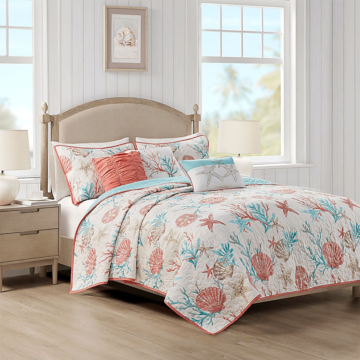 Craigie Coral Orange Cotton,Polyester Fabric 6 Pc Full/Queen Coverlet ...