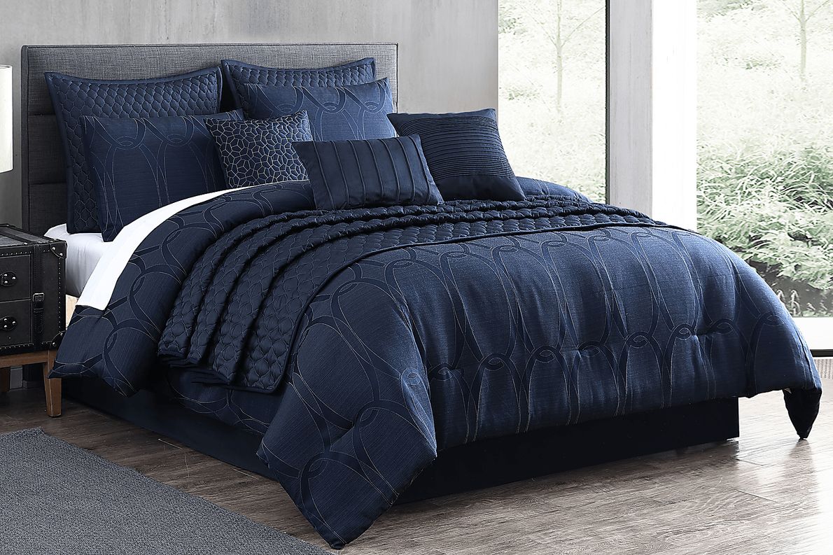 Cuthbert Navy Blue Polyester Fabric 10 Pc King Comforter Set - Rooms To Go