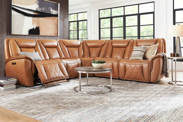 Dalton 8 Pc Brown Leather Triple Power Reclining Sectional Living Room With 5 Pc Triple Power Reclining Sectional Cocktail Table End Table Lamp Rooms to Go