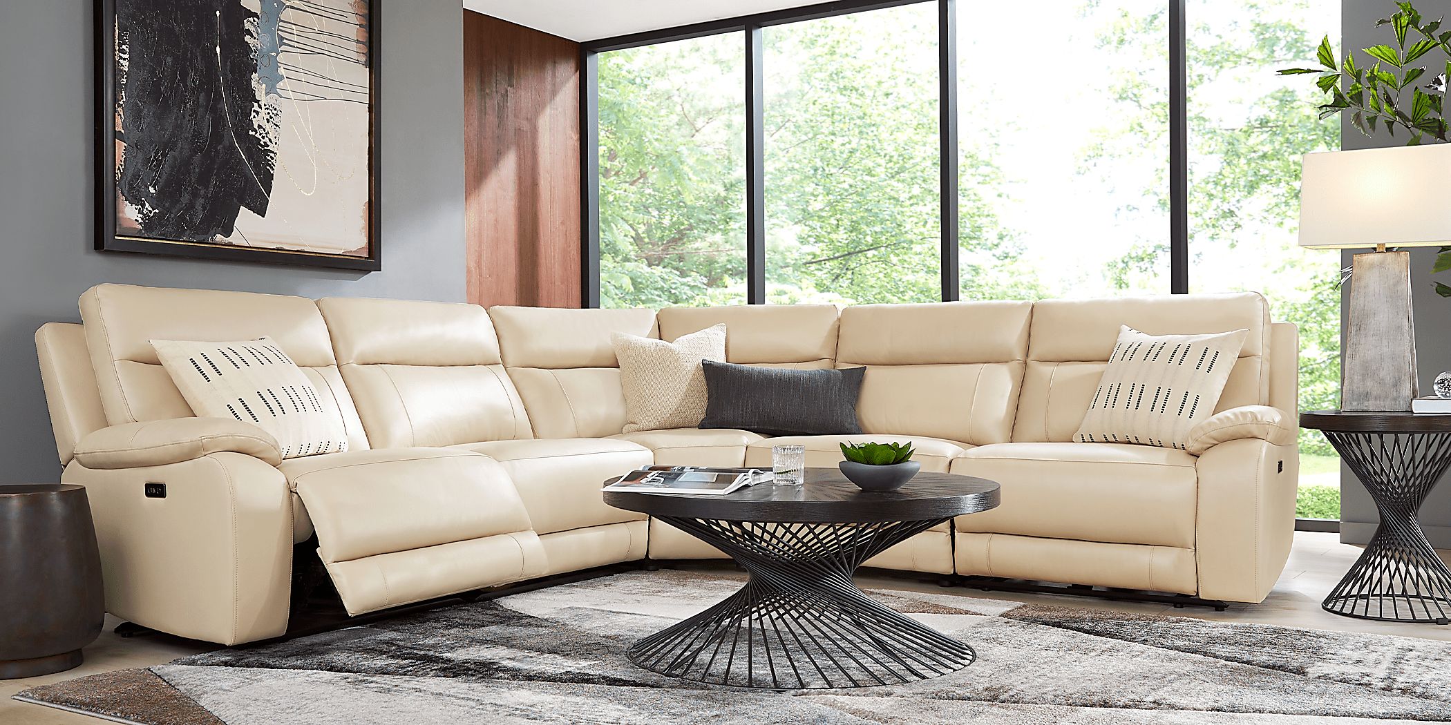 Delaney Point Beige Leather 5 Pc Power Reclining Sectional | Rooms to Go