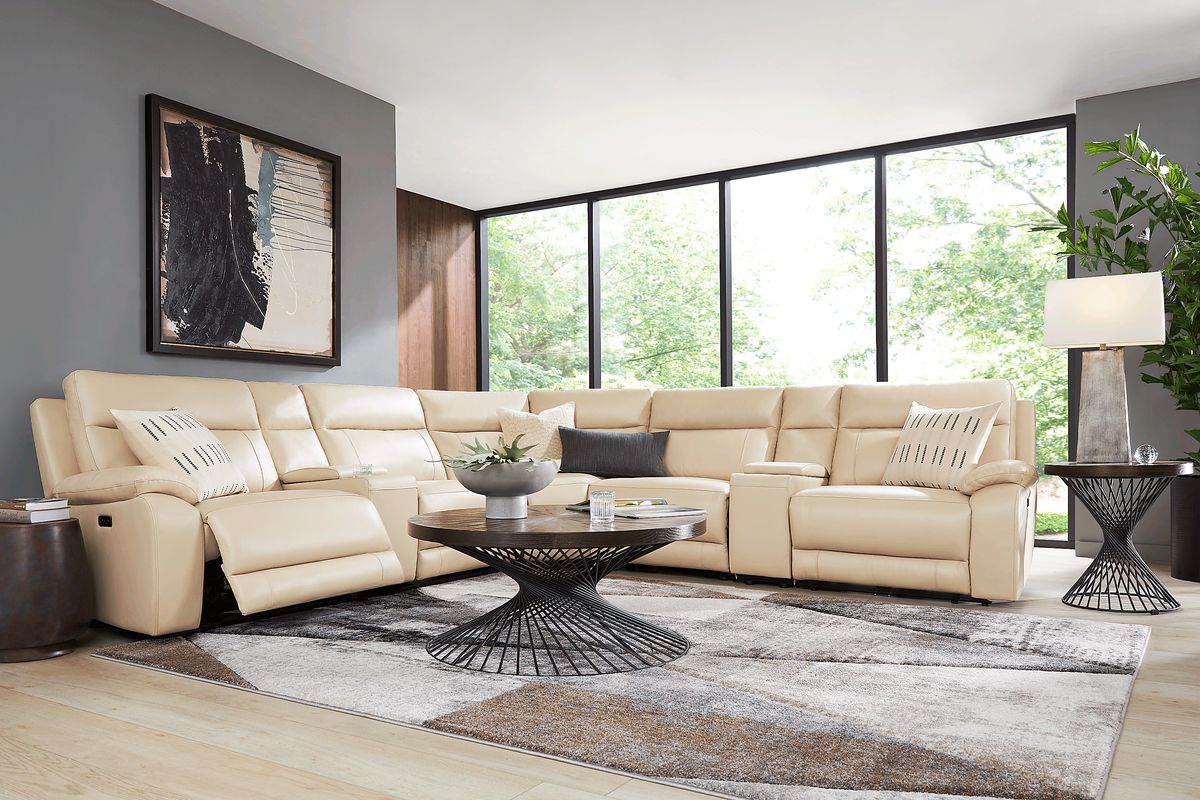 Delaney Point Beige Leather 7 Pc Power Reclining Sectional | Rooms to Go