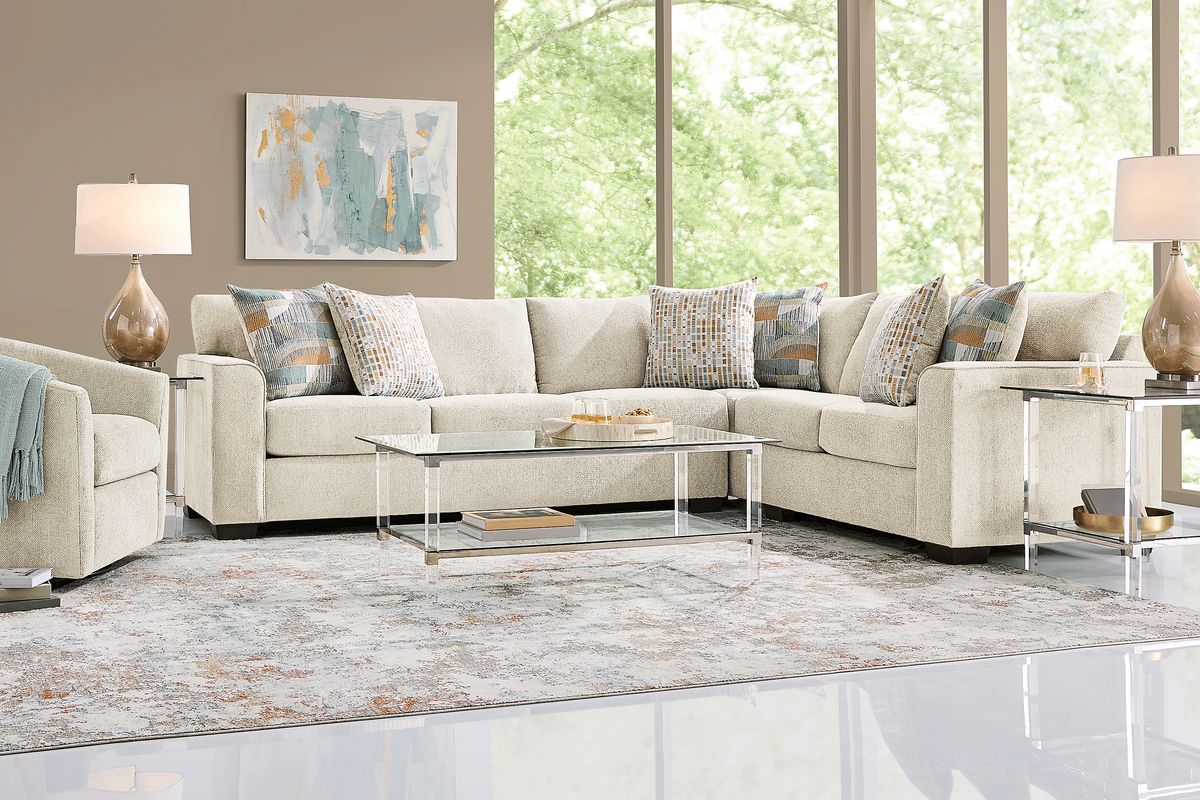Delcrest 6 Pc White Chenille Fabric Living Room Set With 2 Pc Sectional ...