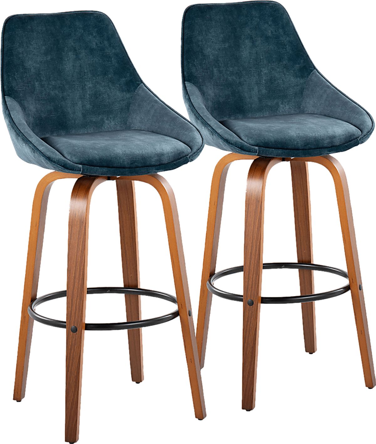 Dellrey Walnut Dark Wood Blue Velvet Plush Swivel Barstool | Rooms to Go