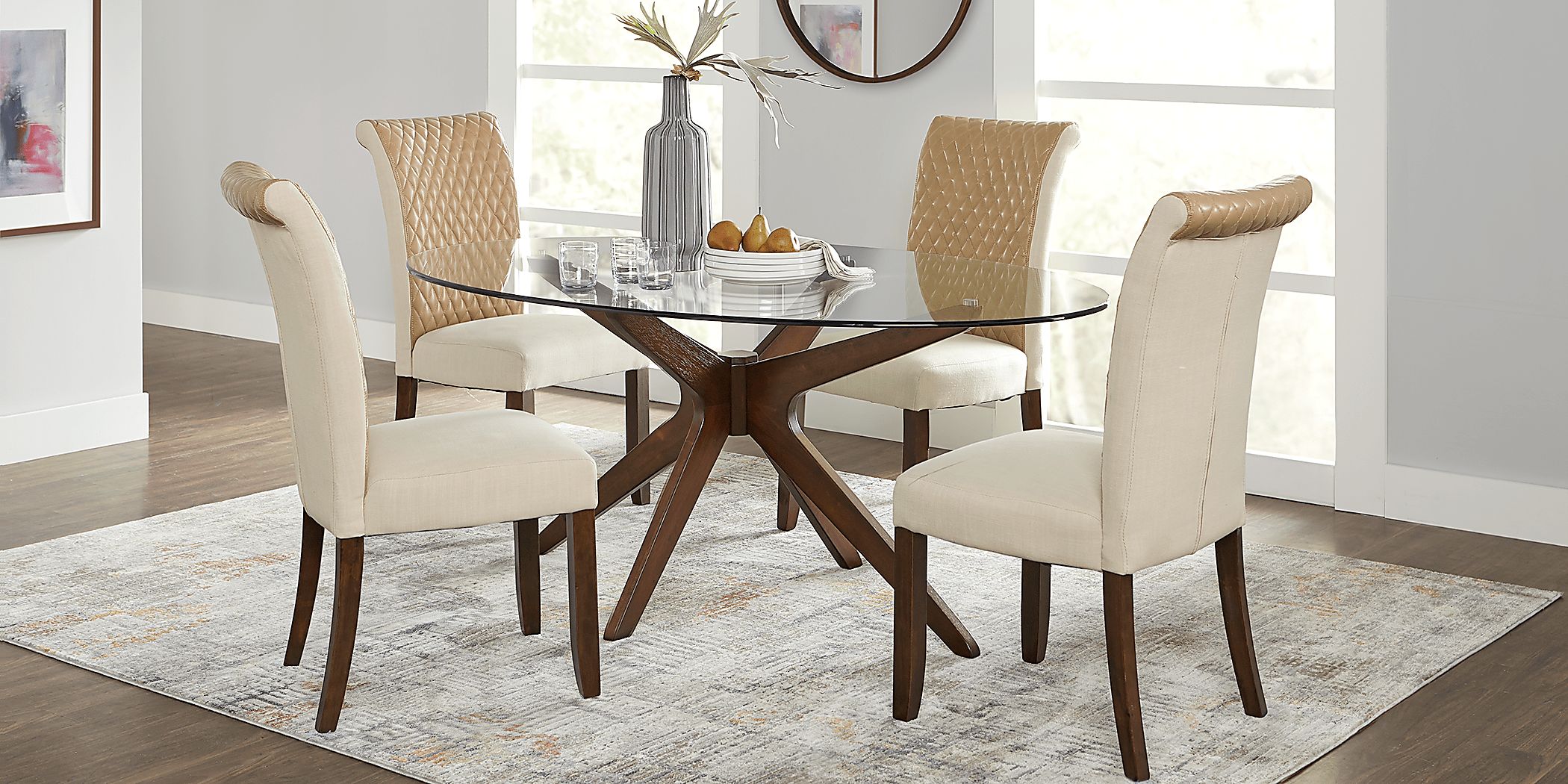 Delmon Walnut 5 Pc Oval Dining Set with Tan Chairs - Rooms To Go