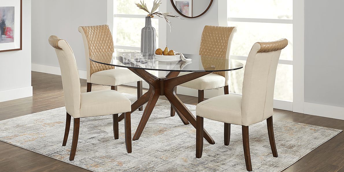 Delmon 5 Pc Walnut Dark Wood Tan Beige Dining Room Set With Dining ...