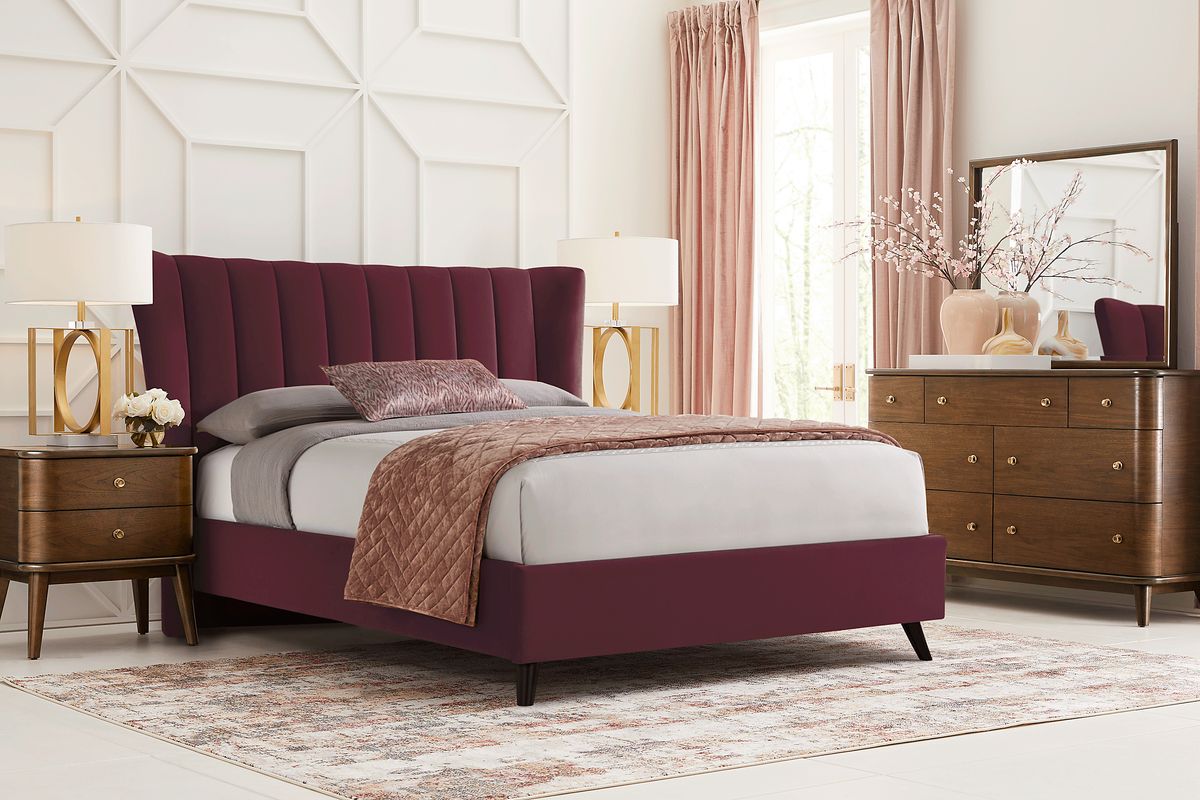 Devon Loft 7 Pc Walnut Dark Wood Red Velvet Plush Queen Bedroom Set ...