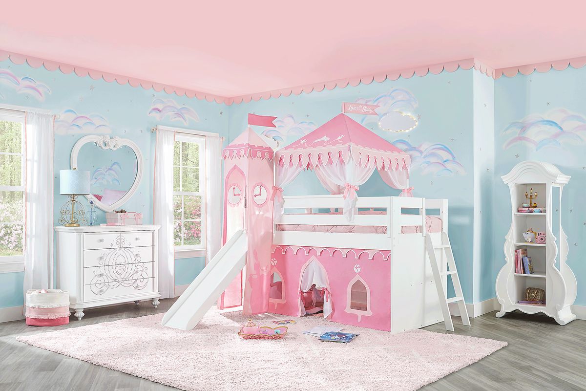 Disney Princess Fairytale White Colors White Loft Bed With Slide And