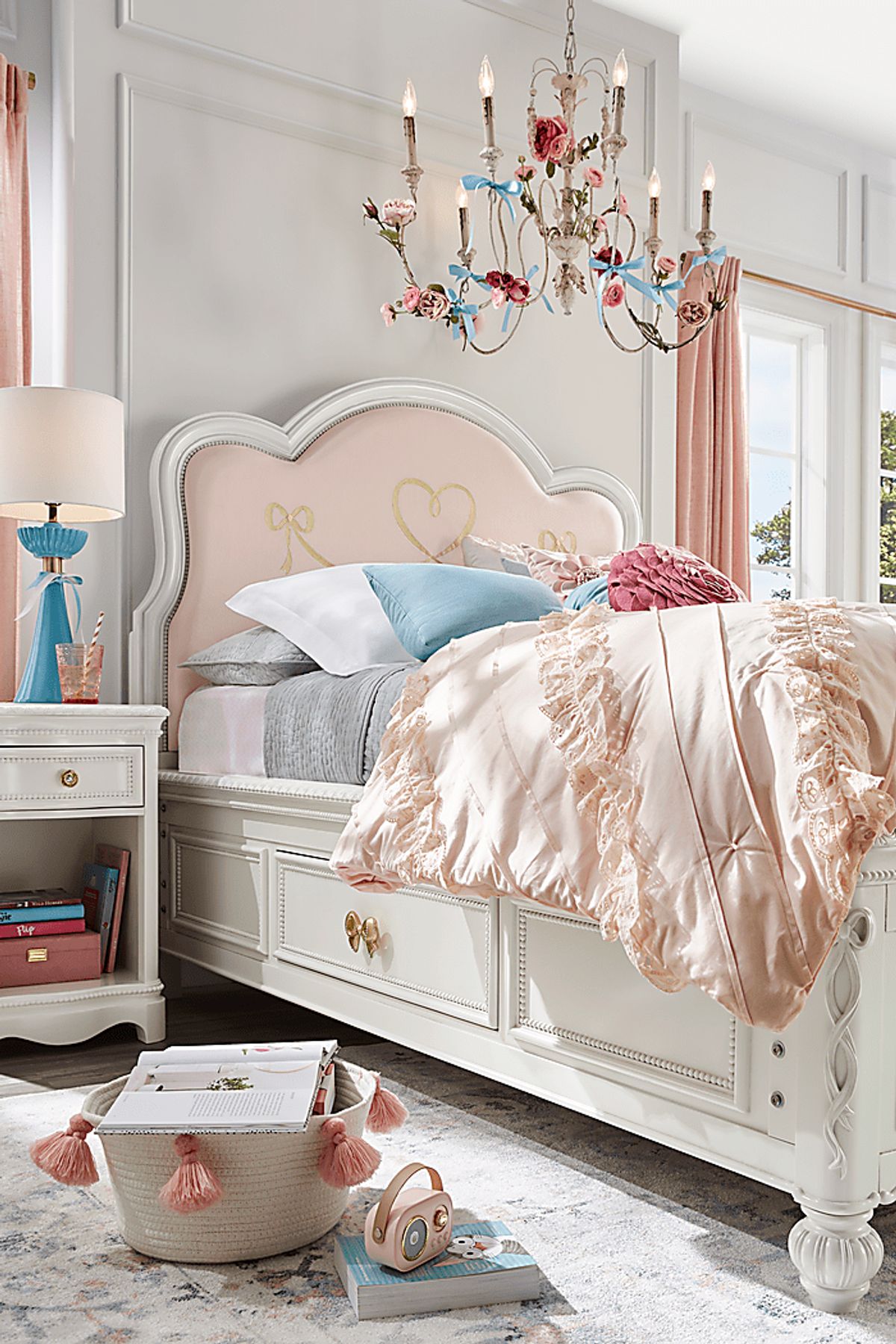 Disney Princess 3 Pc Sparkle White Pink Full Wood & Upholstered Bed W/4 ...