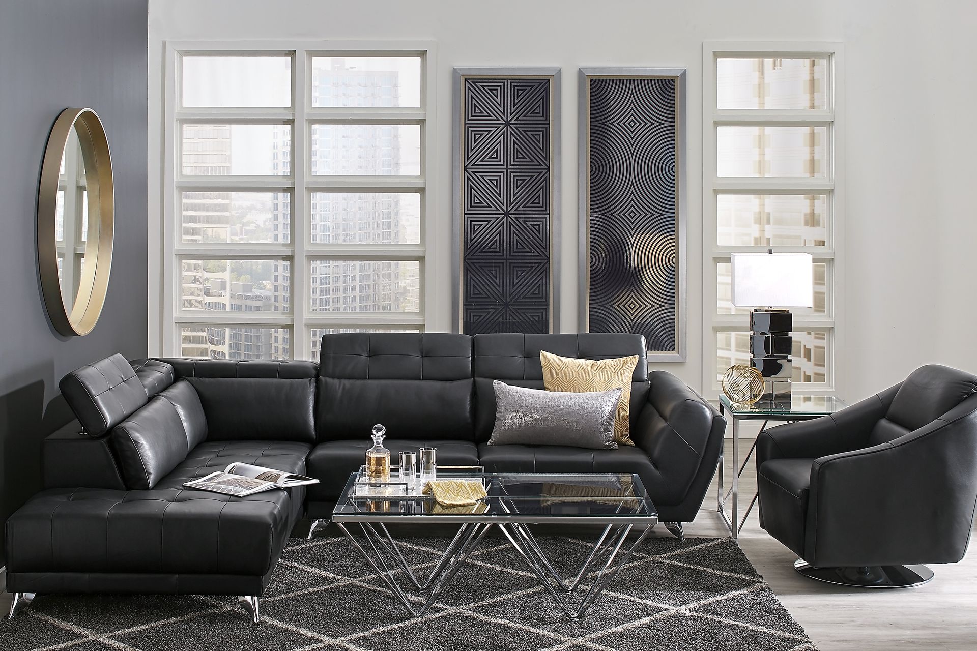 Dolcedo 5 Pc Black Leather Living Room Set With 2 Pc Left Arm Chaise Sectional Cocktail Table End Table Lamp Rooms to Go