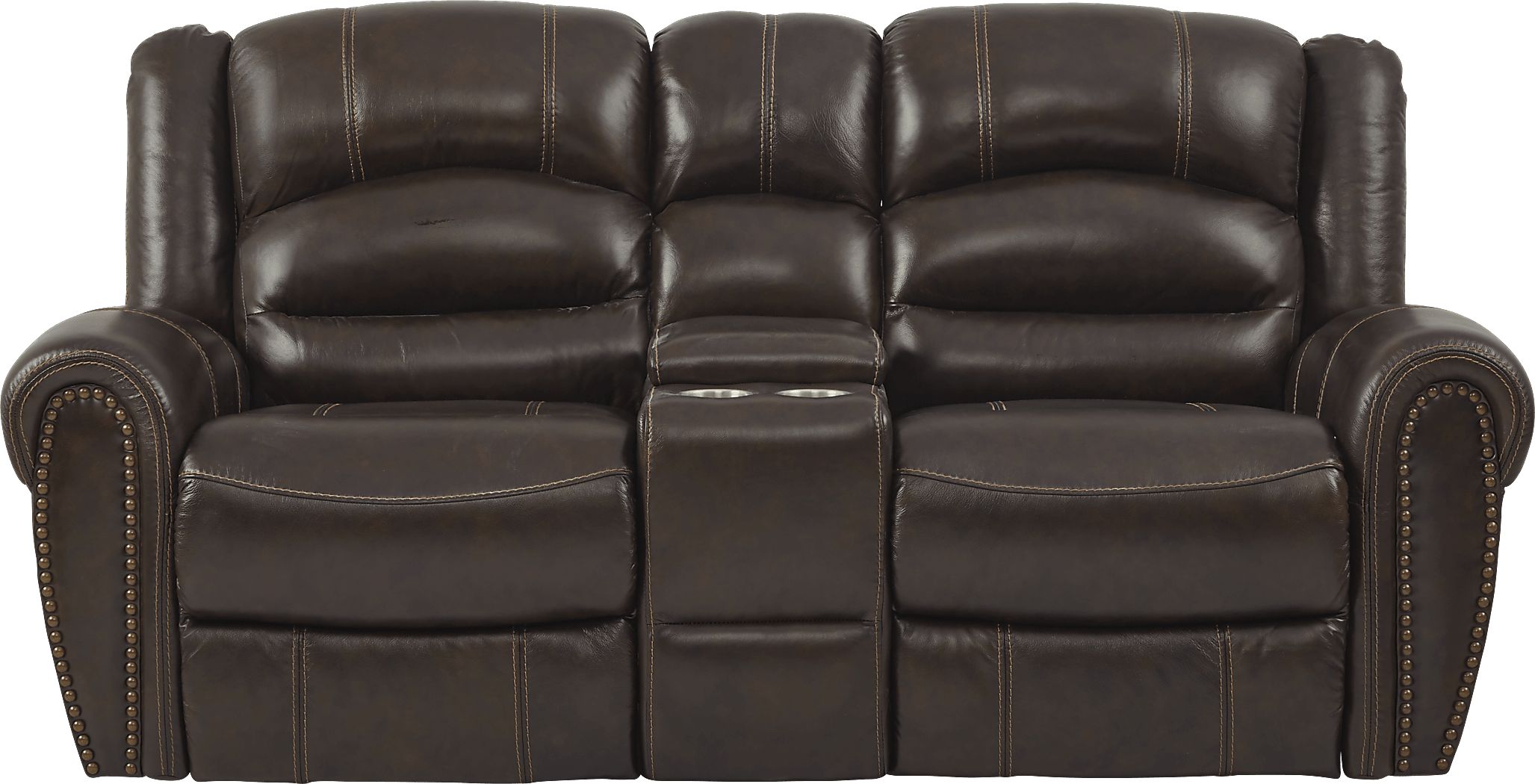 Donelle Brown Leather Reclining Console Loveseat - Rooms To Go