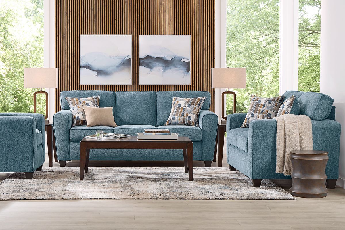 Dover 5 Pc Blue Chenille Fabric Living Room Set With Sofa, Loveseat, 3 ...