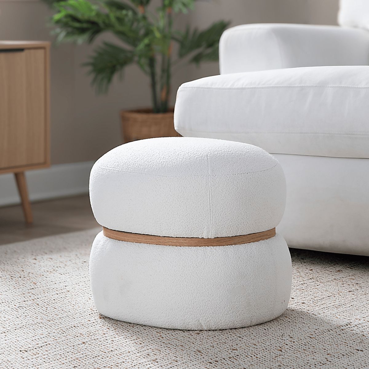 Dreim Natural Light Wood Cream Beige Polyester Fabric Ottoman | Rooms to Go