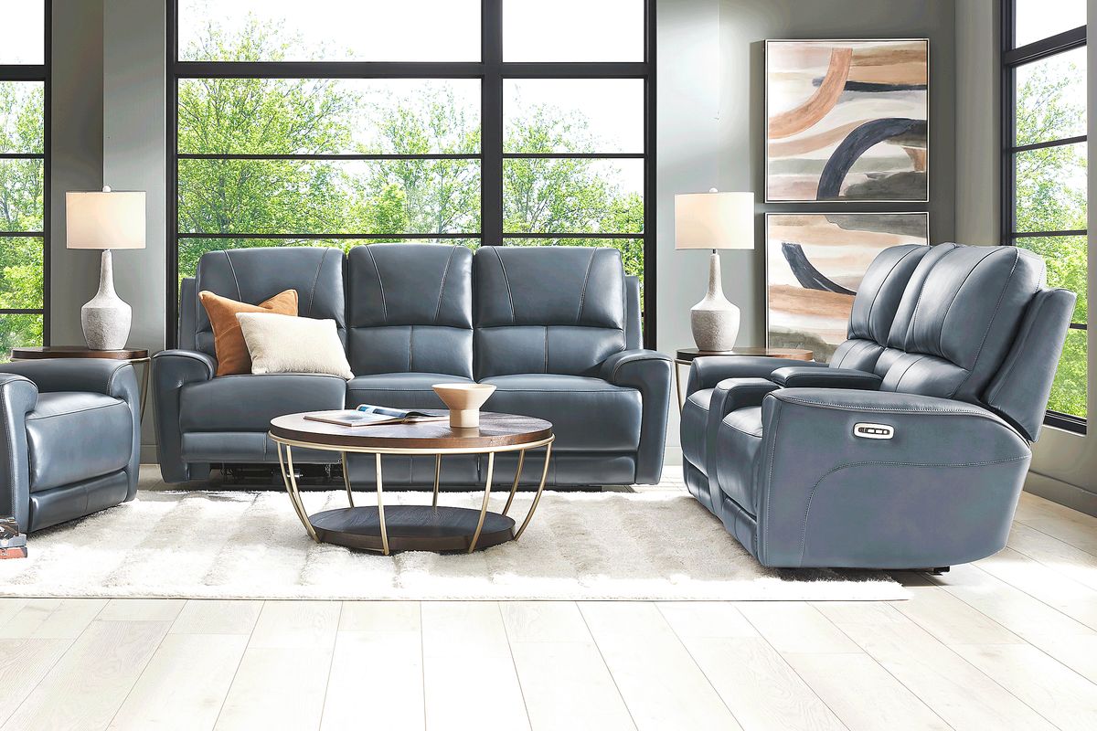 Drew & Jonathan Fremont 5 Pc Blue Leather Dual Power Reclining Living ...